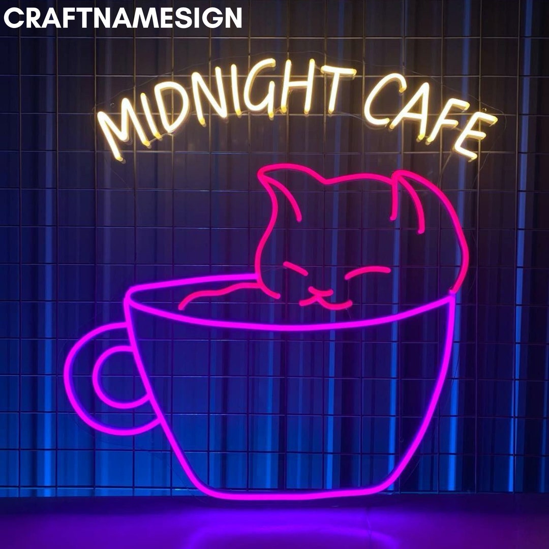 Midnight Cafe Neon Sign, Cat in Coffee Cup Led Sign, Custom Neon Sign ...