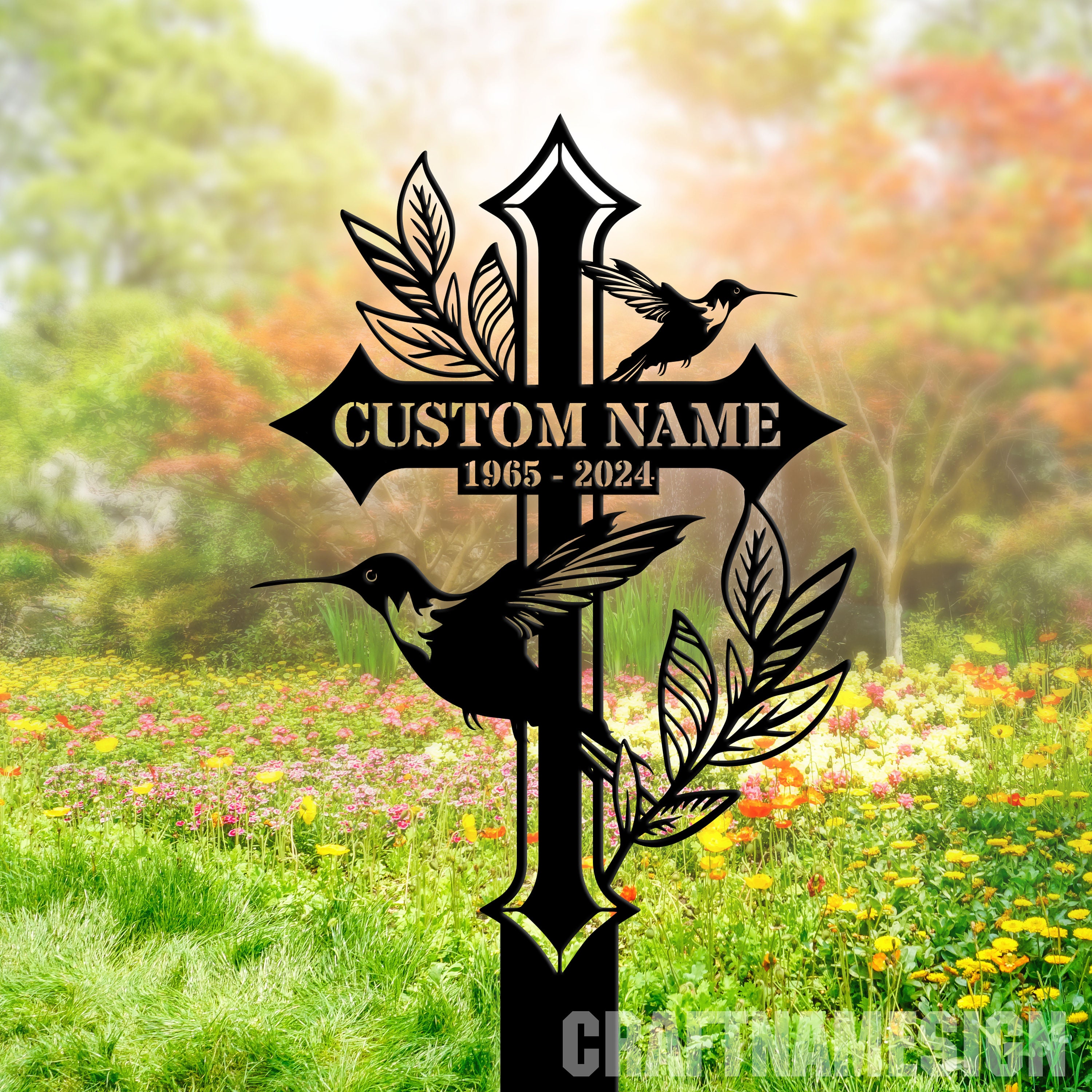 Custom Hummingbird Cross Memorial Stake, Personalized Garden Memorial ...