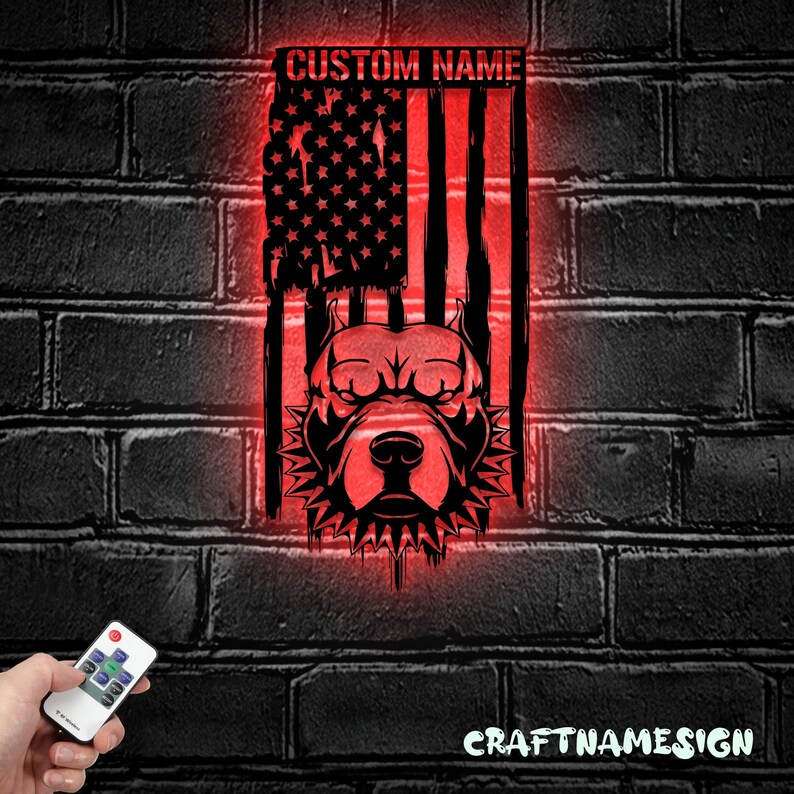 Custom Pitbull US Flag Metal Wall Art LED Light Personalized - Etsy