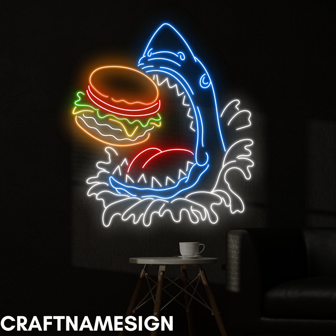 Shark Eating Burger Led Sign, Burger Neon Sign, Custom Neon Sign, Fast ...