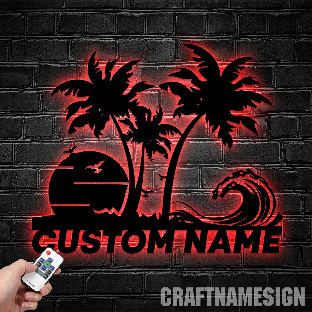Custom Sunshine Palm Tree Beach House Metal Sign, Beach House Metal LED ...