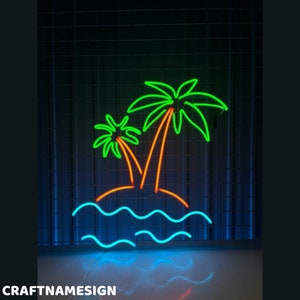 Palm Tree on Beach Neon Sign, Palm Tree Waves Led Sign, Custom Neon ...