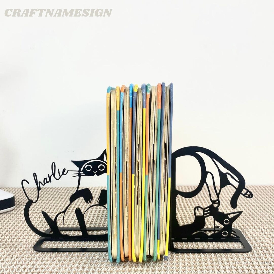 Custom Cat Metal Bookend, Personalized Name Book Ends, Book Stand Black ...