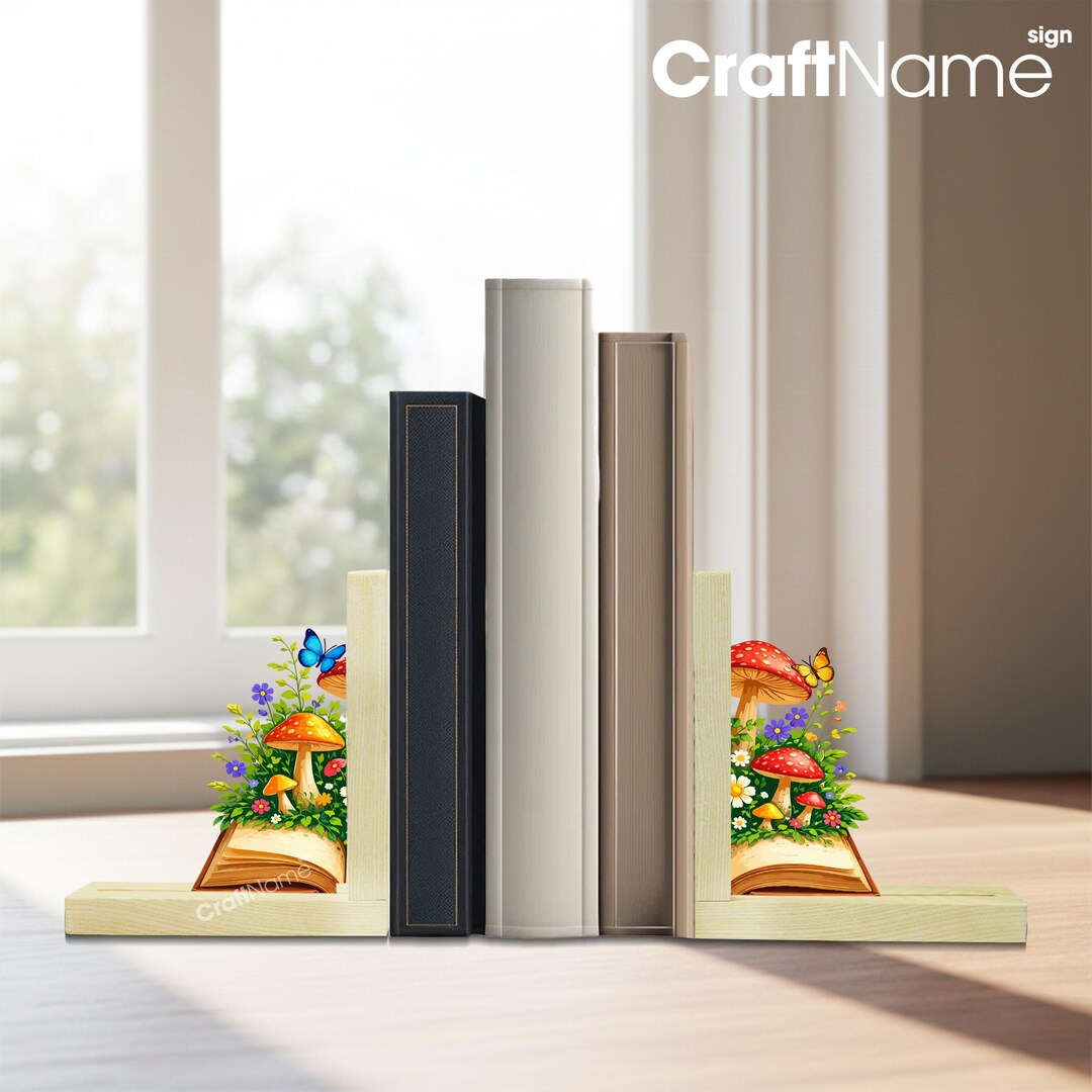 Mushroom Garden Metal Bookend With Wooden Base, Book Stopper for ...