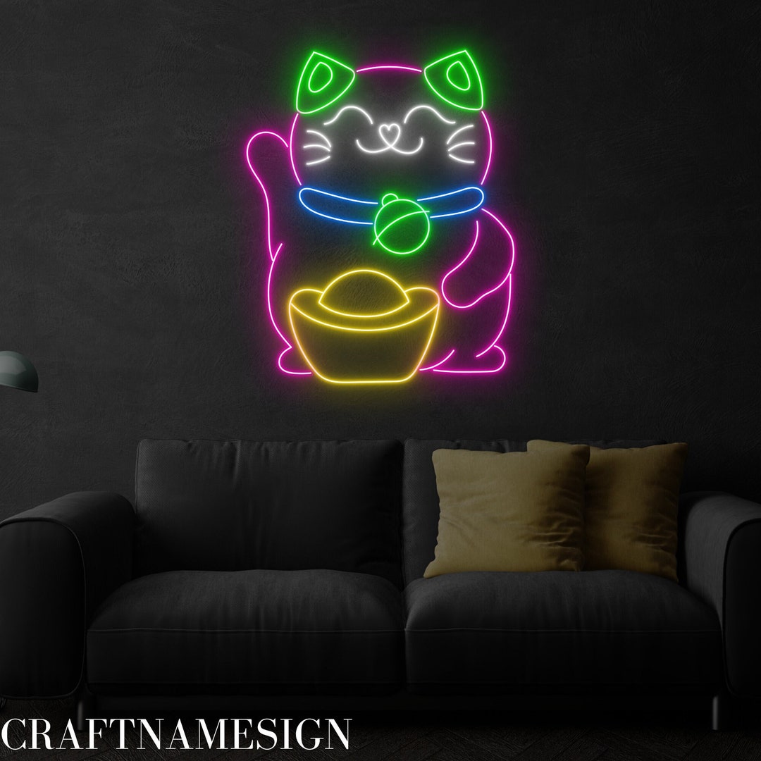 Lucky Cat With Gold Bar Neon Sign, Fortune Cat Led Sign, Custom Neon ...