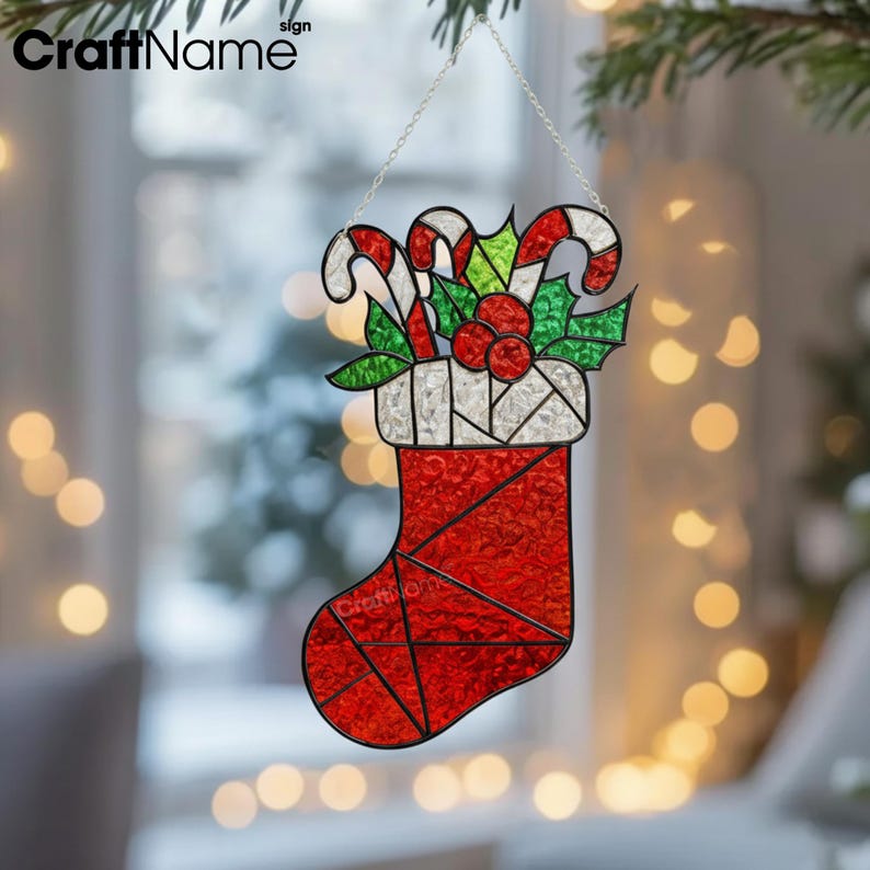 Christmas Stocking Stained Glass Suncatcher, Handmade Holiday Window ...