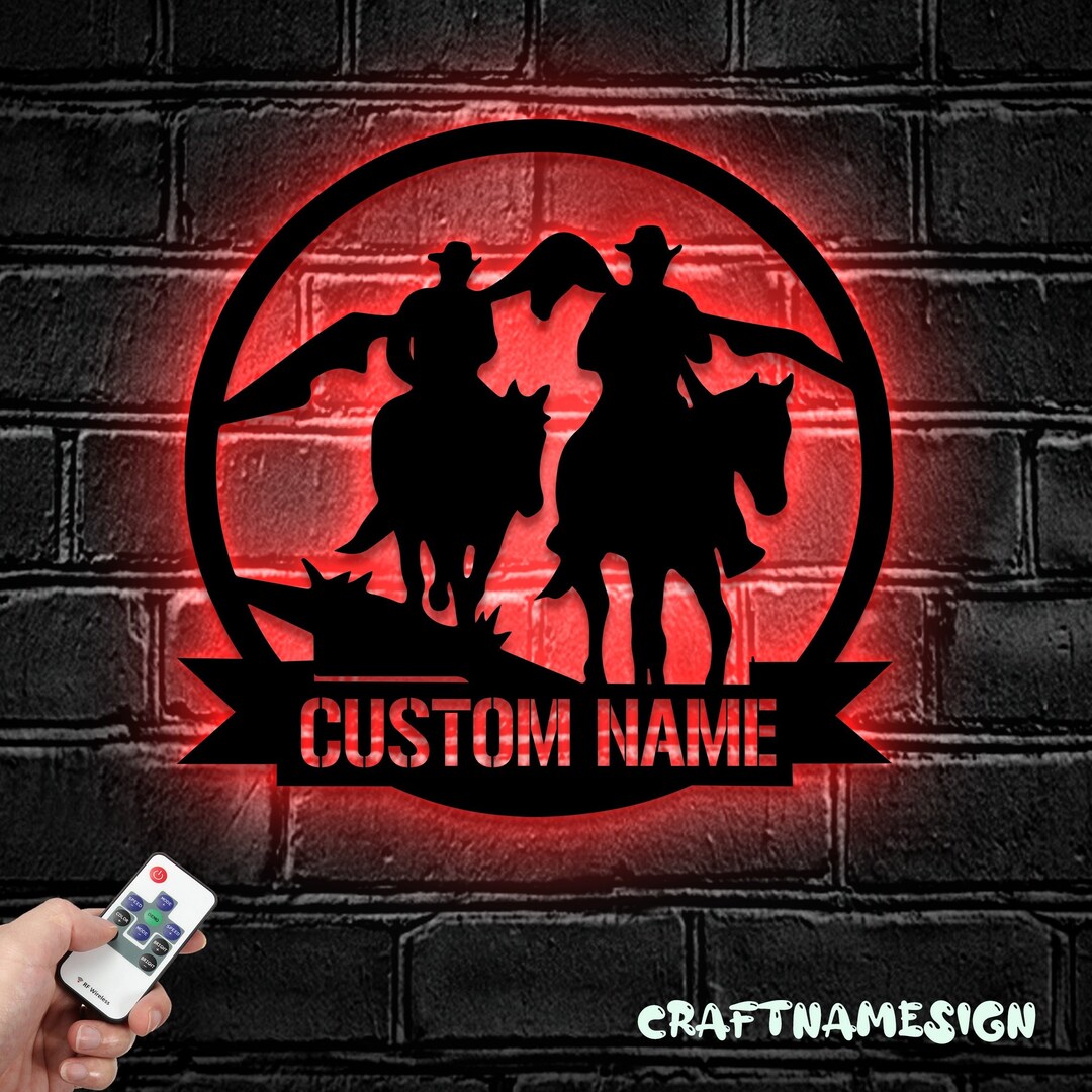 Custom Cowboy Cowgirl Couple Metal Wall Art LED Light - Personalized ...