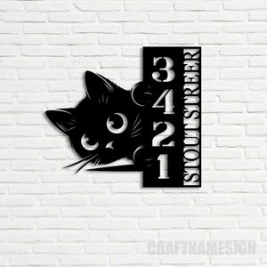Custom Modern Peeking Cat Metal Number Metal Address Sign, Adorable Cat ...