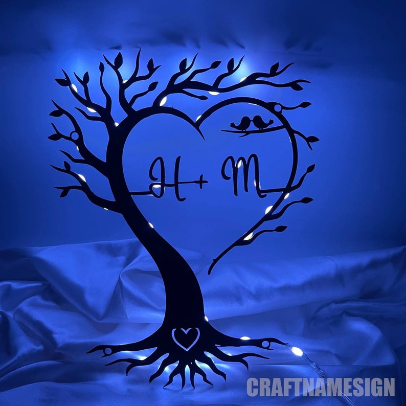 Personalized Unique Tree Heart & Names Metal Wall Art Led Light, Tree ...