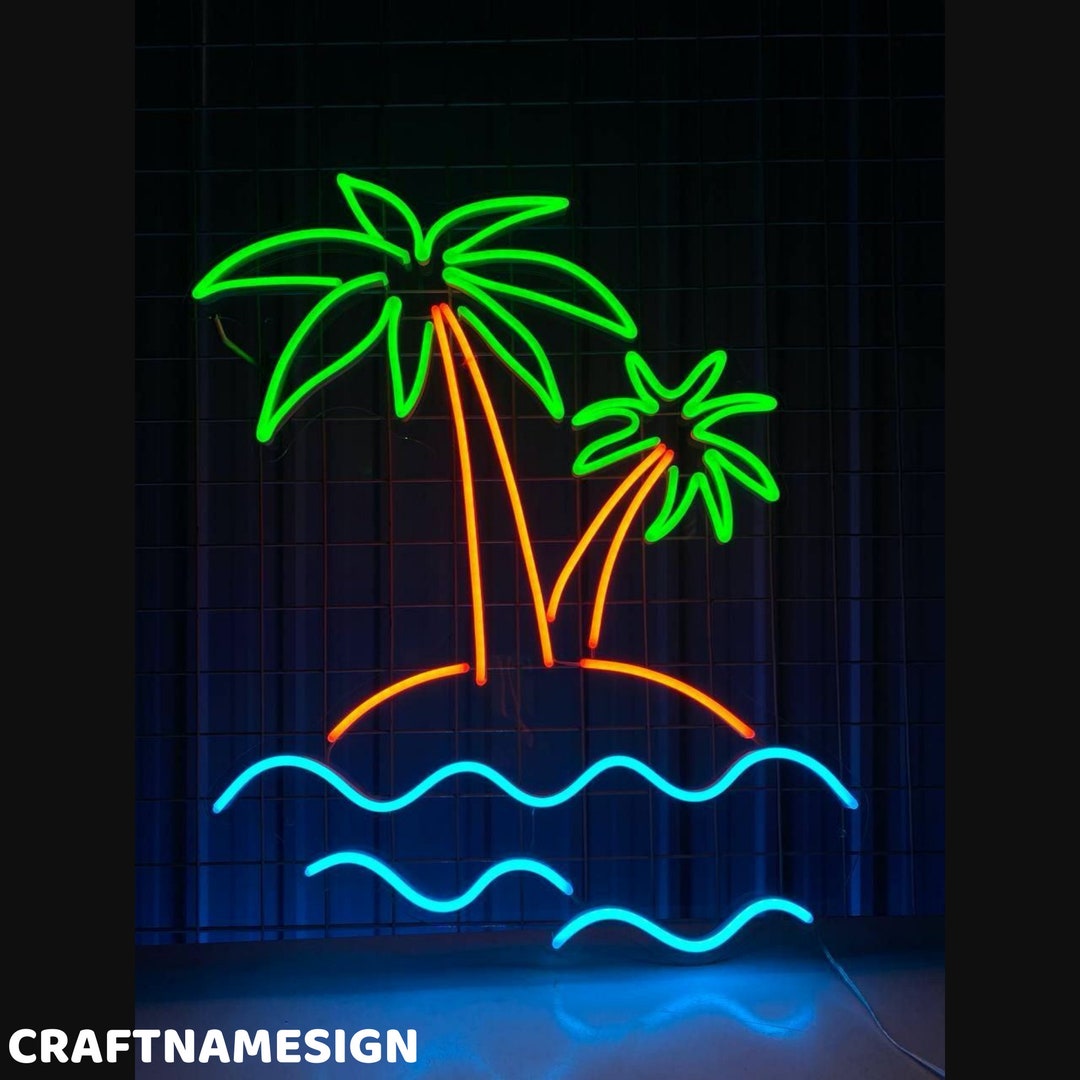Palm Tree on Beach Neon Sign, Palm Tree Waves Led Sign, Custom Neon ...