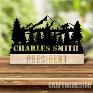 Custom Wooden Hiking Desk Name Plate, Nature Mountain Forest Adventure ...