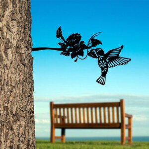 Custom Hummingbird With Flowers Metal Tree Stake, Hummingbird Garden ...