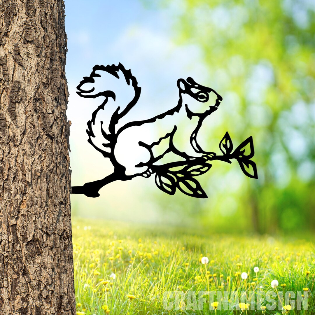 Custom Squirrel on Branch Metal Tree Stake, Squirrel Garden Sculpture ...