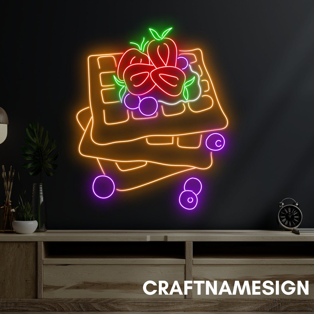 Waffle Strawberry Neon Sign, Waffle Cake Led Sign, Custom Neon Sign ...