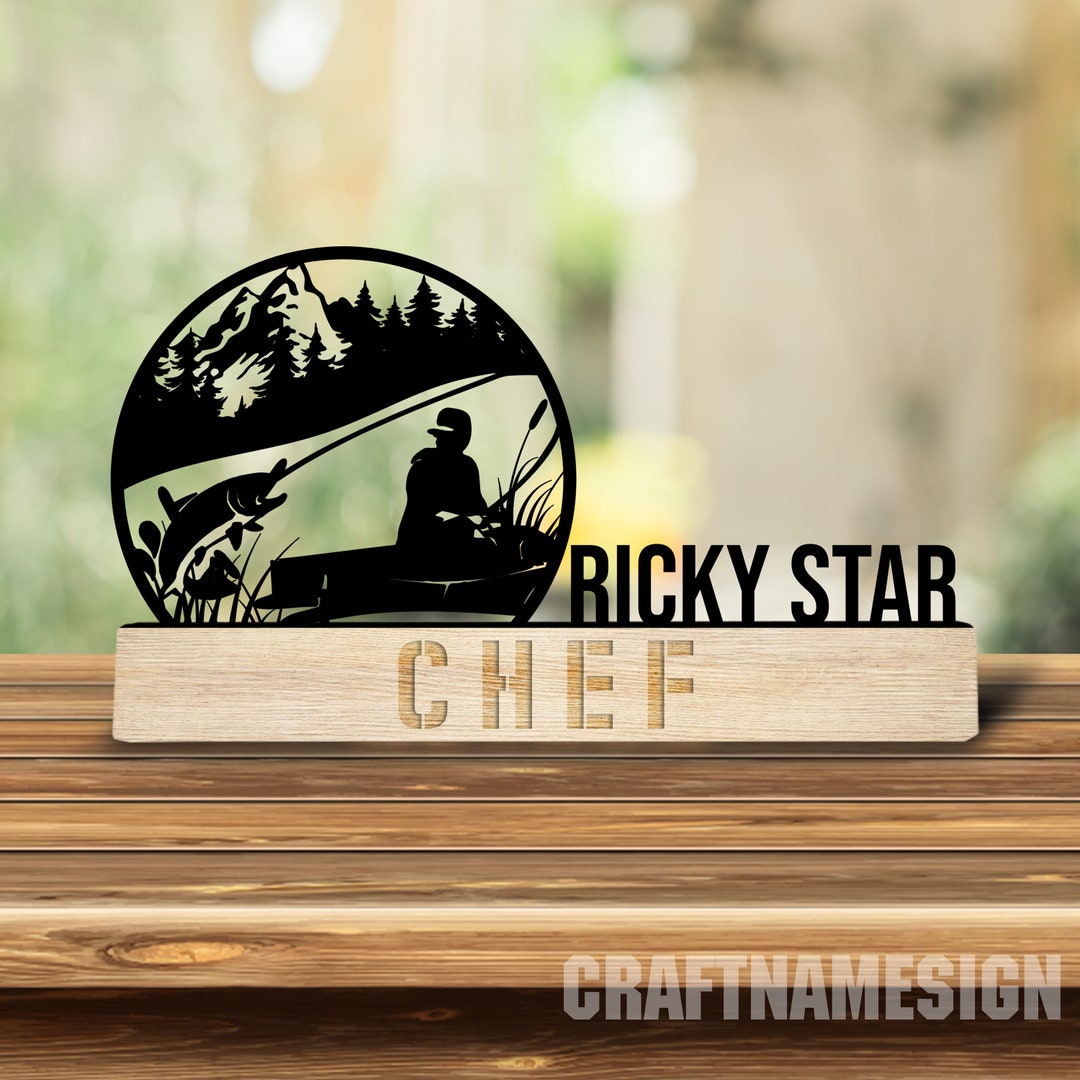 Custom Wooden Fishing Desk Name Plate, Personalized Fisher Plaque Metal ...