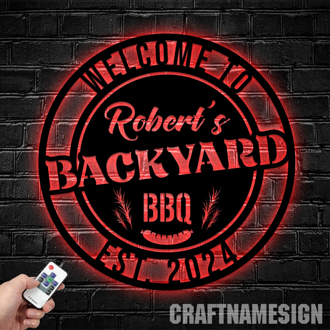Custom Backyard BBQ Metal Wall Art LED Light, Personalized Home ...