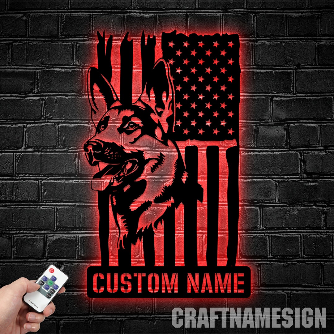 Custom German Shepherd US Flag Metal Wall Art LED Light - Personalized ...