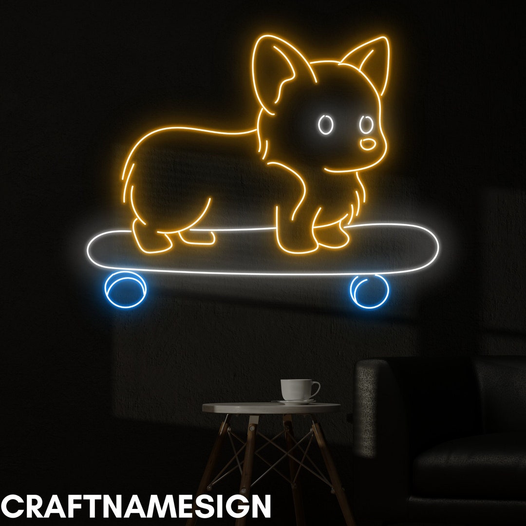 Corgi Skateboarding Neon Sign, Corgi Skateboarding Led Sign, Custom ...