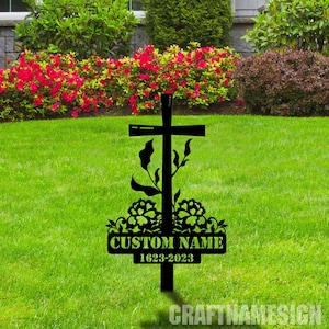 Custom Floral Cross Memorial Metal Stake, Cross Memorial Plaque With ...