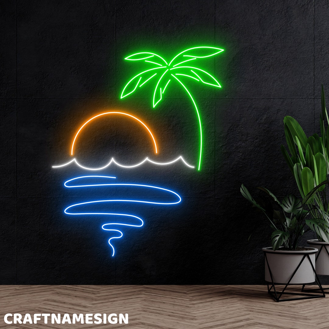 Sunset on the Beach With Trees Neon Sign, Palm Tree Led Sign, Custom ...