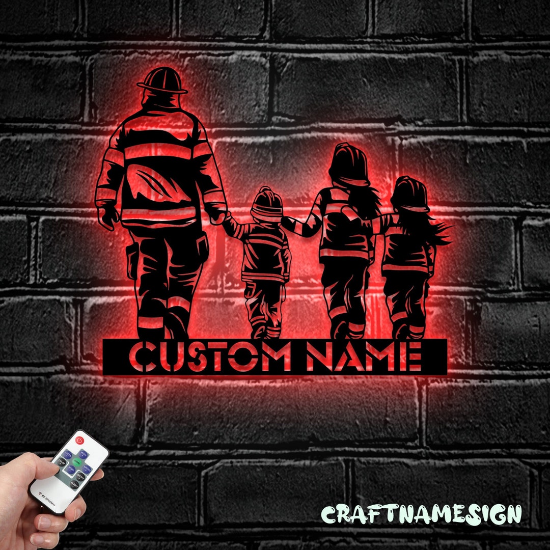 Custom Father Son Firefighter Metal Wall Art LED Light - Personalized ...