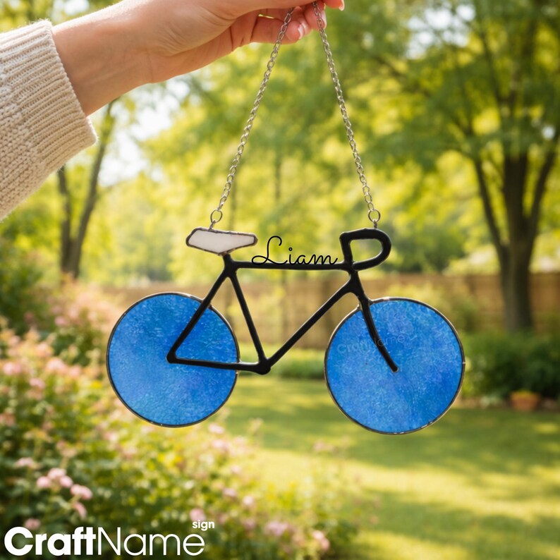 Personalized Bicycle Stained Glass, Unique Bike Ornament for Window, Front Porch or Balcony ...