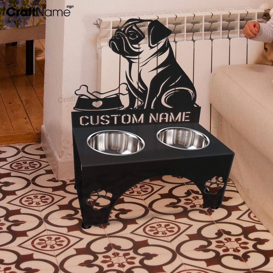Custom Pug Dog Feeding Stand Metal Sign, Dog Food Bowl Holders, Pet ...