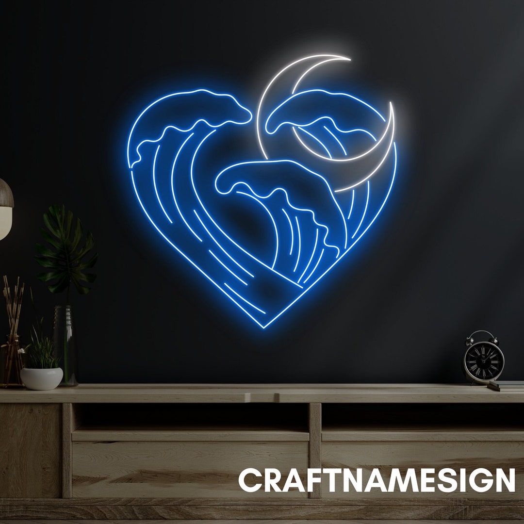 Moon Waves Heart Neon Sign, Heart Moon Waves Led Sign, Custom Neon Sign ...
