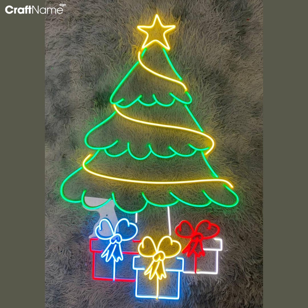Christmas Pine Tree and Gifts Neon Sign, Merry Christmas Led Sign ...