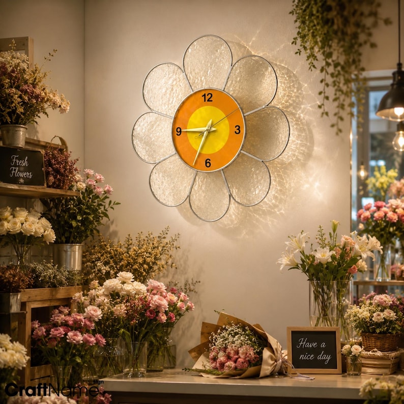 Flower Stained Glass Wall Clock, Decorative Daisy Glass Clock for Salon ...
