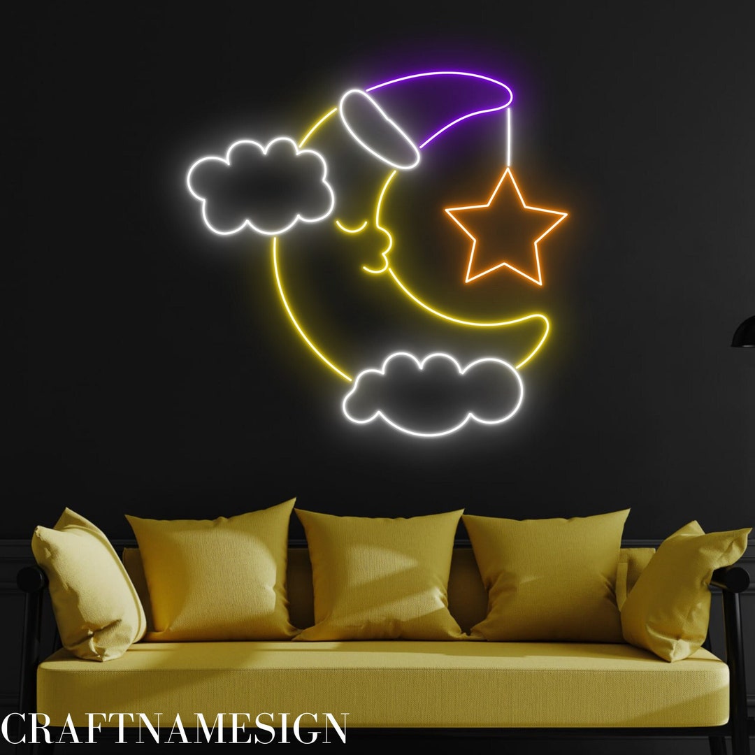 Sleeping Moon Neon Sign, Moon Star Cloud Led Sign, Custom Neon Sign ...