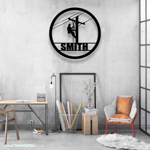 Custom Lineman Metal Wall Art LED Light - Personalized Electrical Worker Player Name Sign Home ...