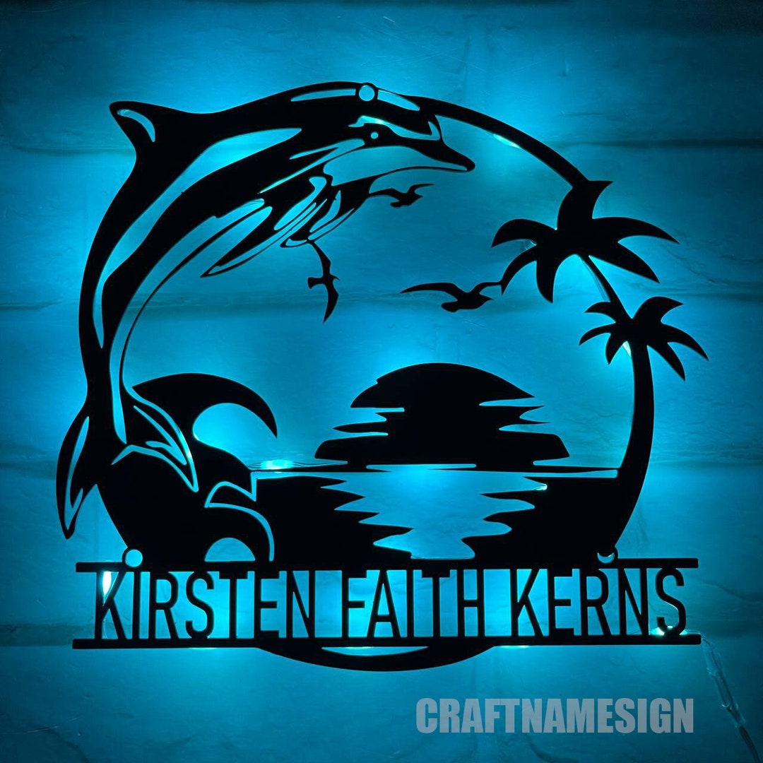 Personalized Dolphin Palm Tree Beach House Sunset Metal Sign With LED ...