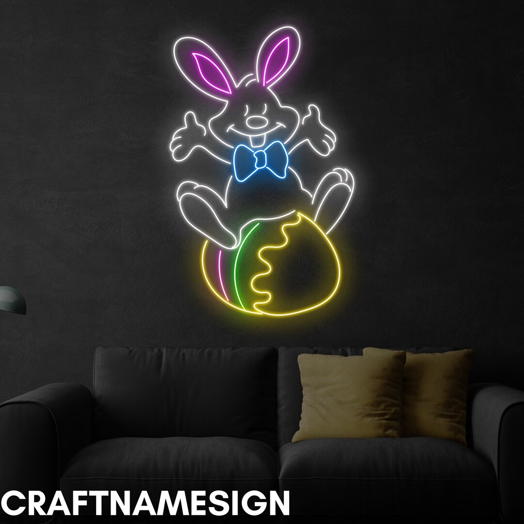 Cute Rabbit on Egg Neon Sign, Happy Easter Bunny Day Led Sign, Custom ...