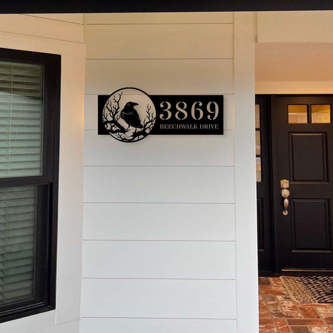Personalized Black Crow Raven on A Tree Branch Metal Address Sign ...