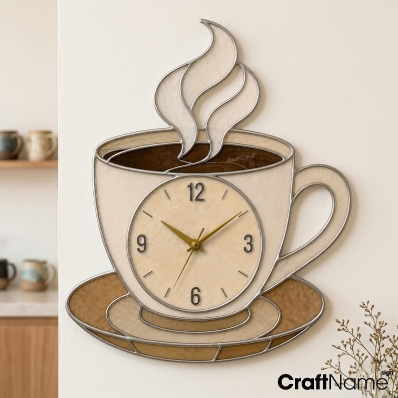 Coffee Cup Stained Glass Wall Clock, Suncatcher Coffee Shop Kitchen ...