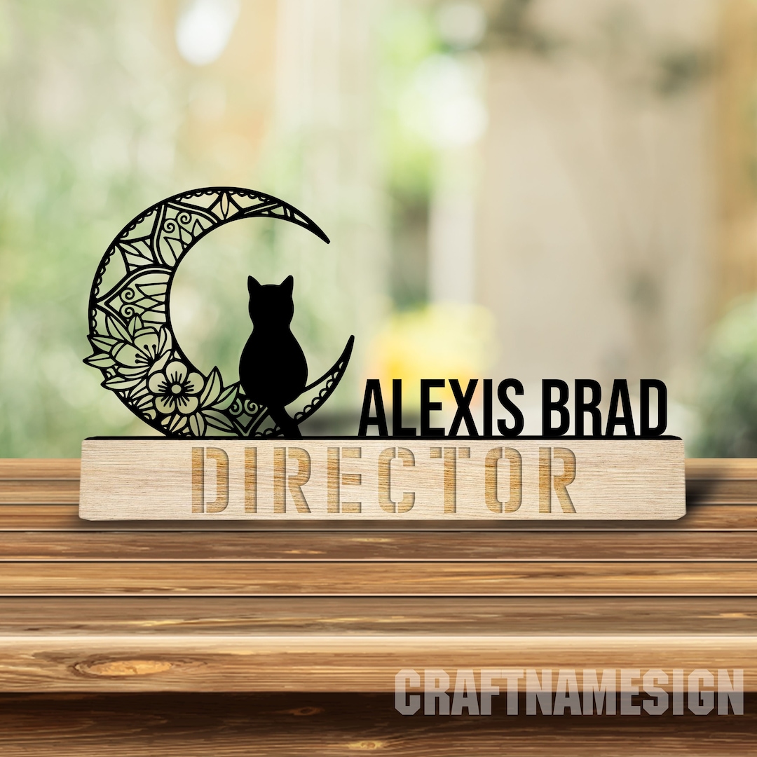 Custom Wooden Black Cat on the Moon Desk Name Plate, Cat Metal ...