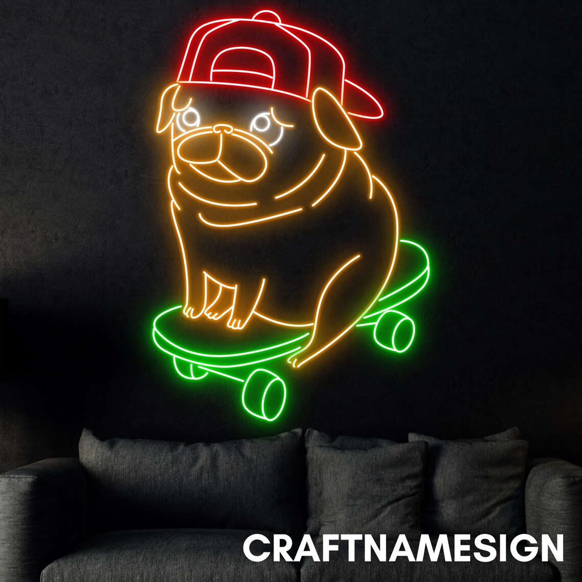 Pug Dog Skateboarding Led Sign, Pug Dog Skateboarding Neon Sign, Custom ...