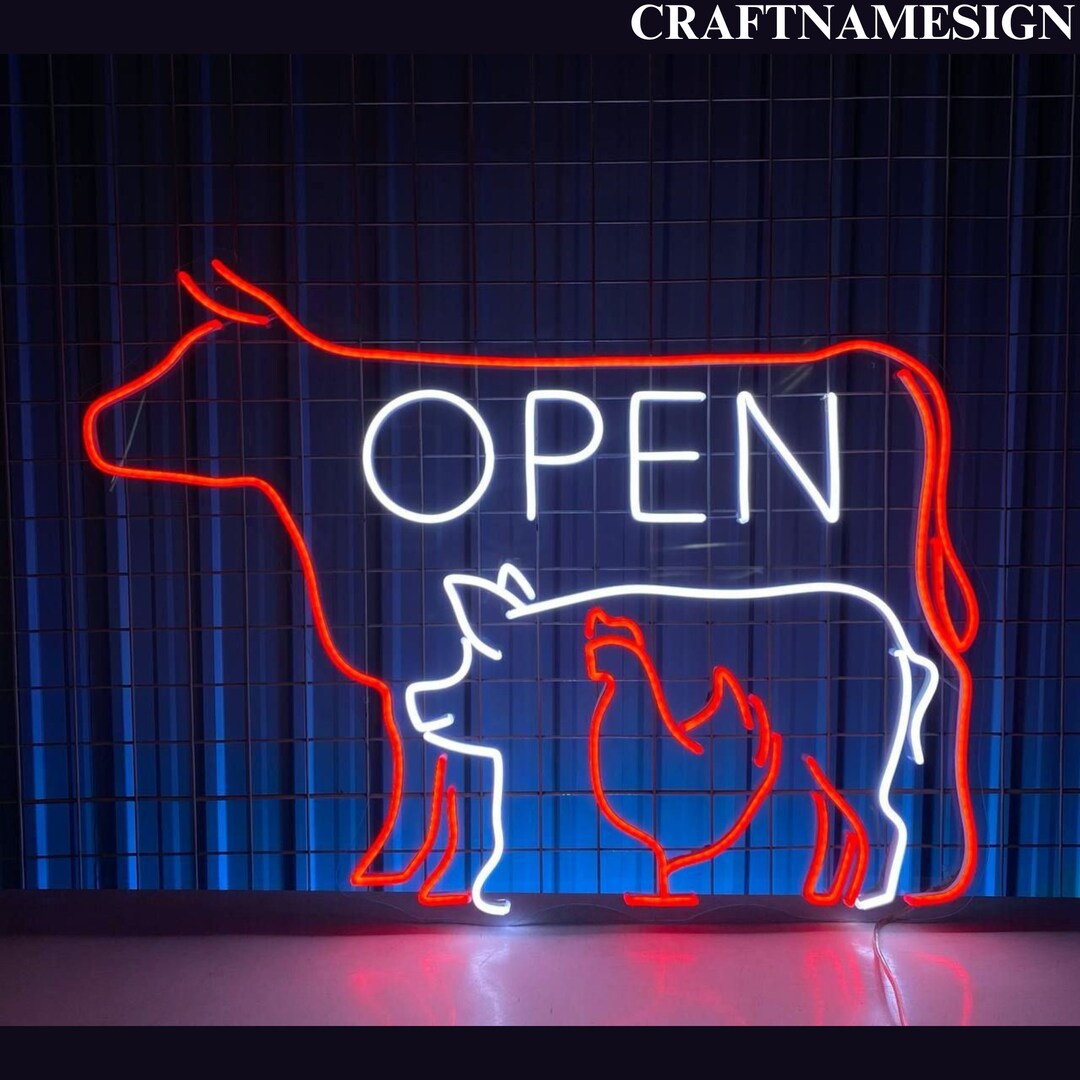 Open Cow Pig Chicken Meat BBQ Restaurant Led Sign, Custom Neon Sign ...