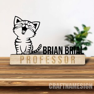 Personalized Wooden Desk Name Plate for Cat Lovers, Custom Cute Cat ...