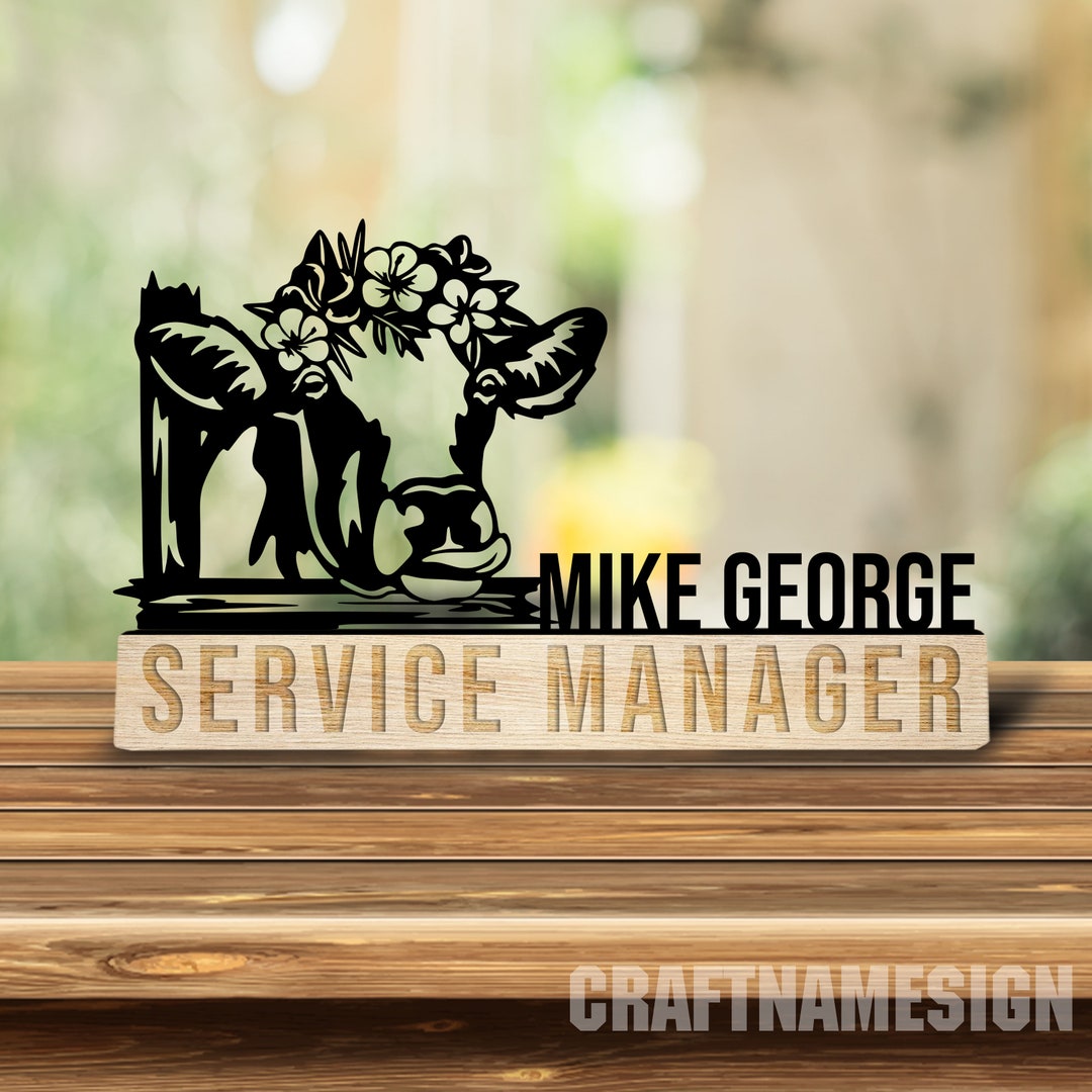 Custom Wooden Floral Cow Desk Name Plate, Farmhouse Metal Nameplate for ...