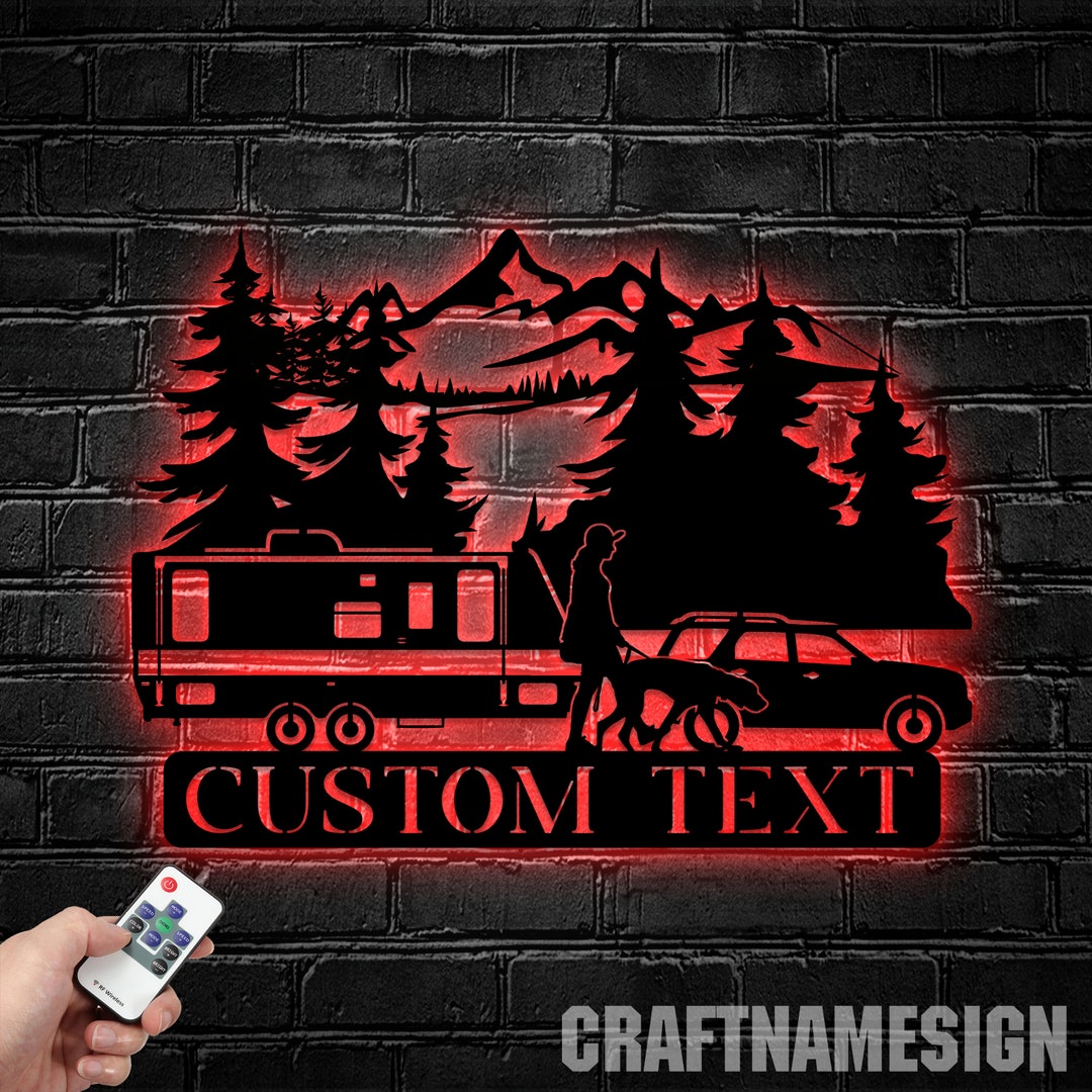Custom Camping Name Sign Decor, Personalized Camping Metal Wall Art LED ...