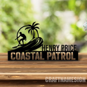 Custom Wooden Boy Surfing Desk Name Plate, Surfer Riding Metal ...