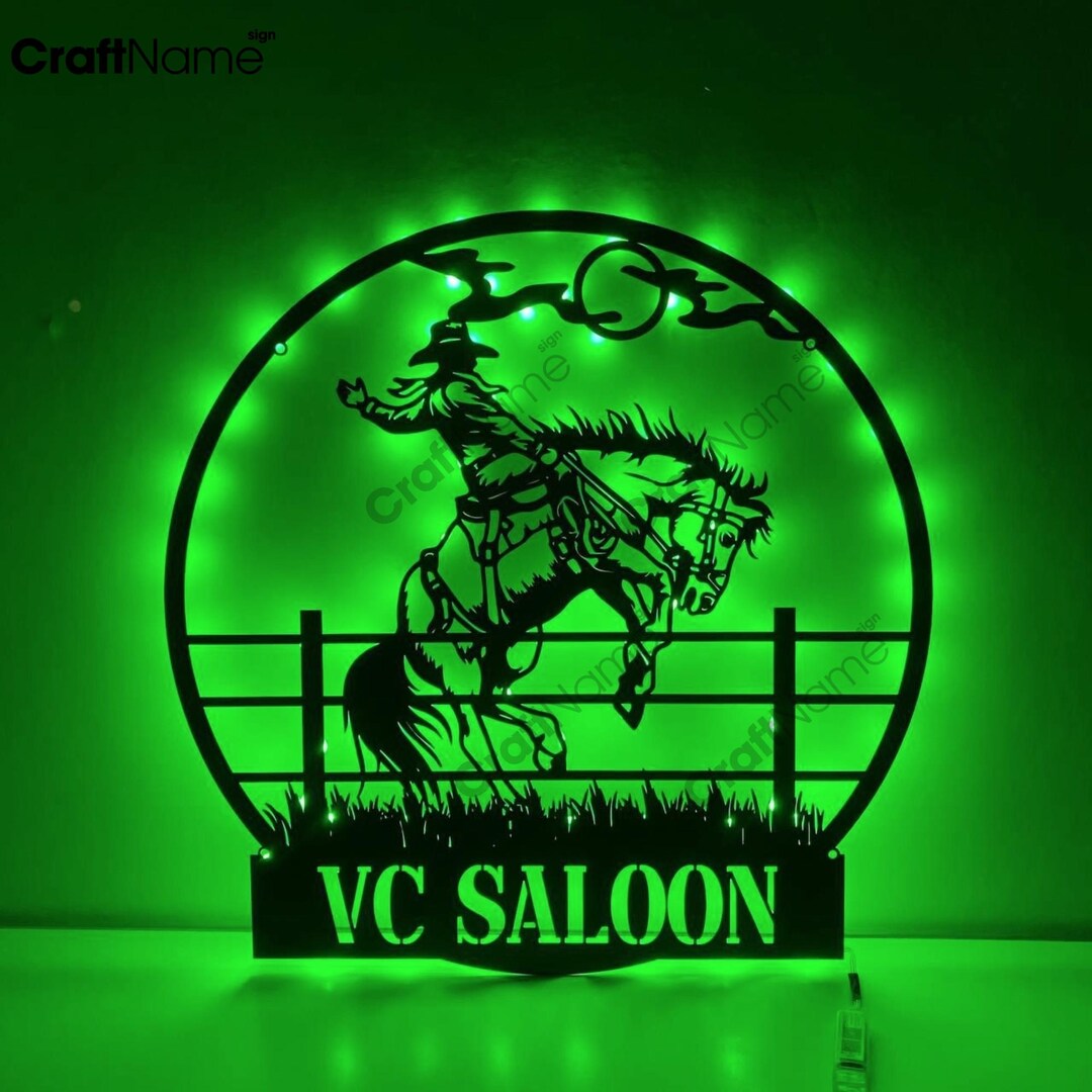 Custom Cowboy Riding Horse Metal Led Light, Western Cowboy Led Wall Art ...