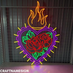 Heart Rose Fire Neon Sign, Flaming Heart Led Sign, Custom Neon Sign for ...