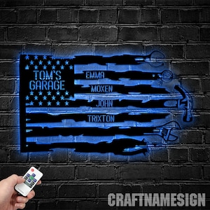 Personalized US Flag Garage Metal Wall Art LED Light, Custom Dad's ...