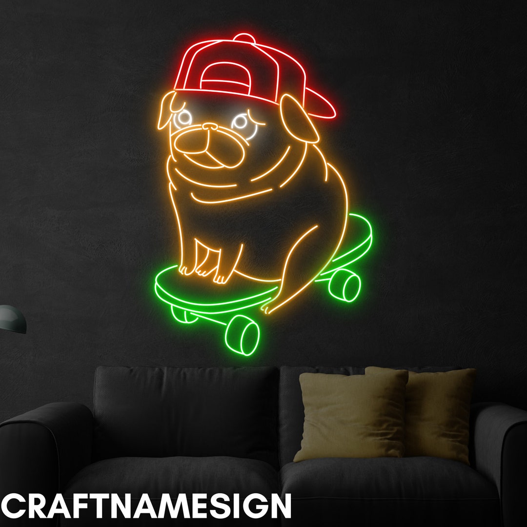 Pug Dog Skateboarding Led Sign, Pug Dog Skateboarding Neon Sign, Custom ...