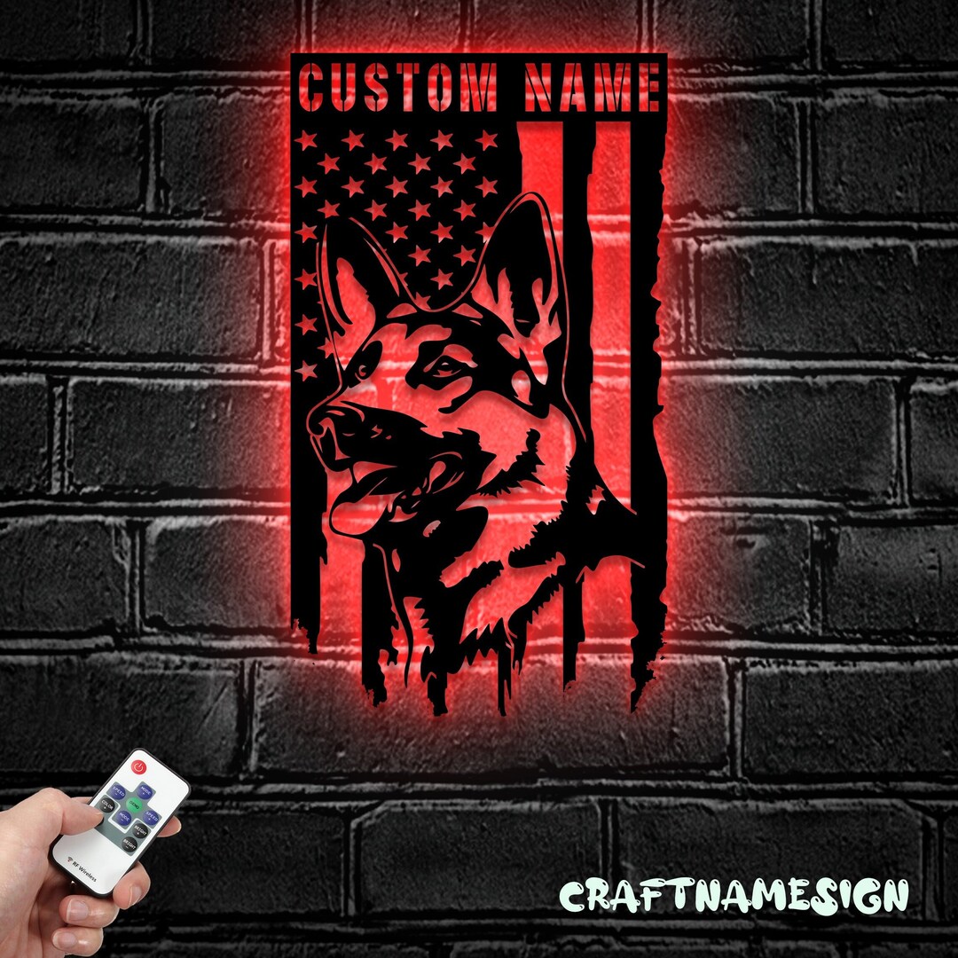 Custom German Shepherd US Flag Metal Wall Art LED Light - Personalized ...