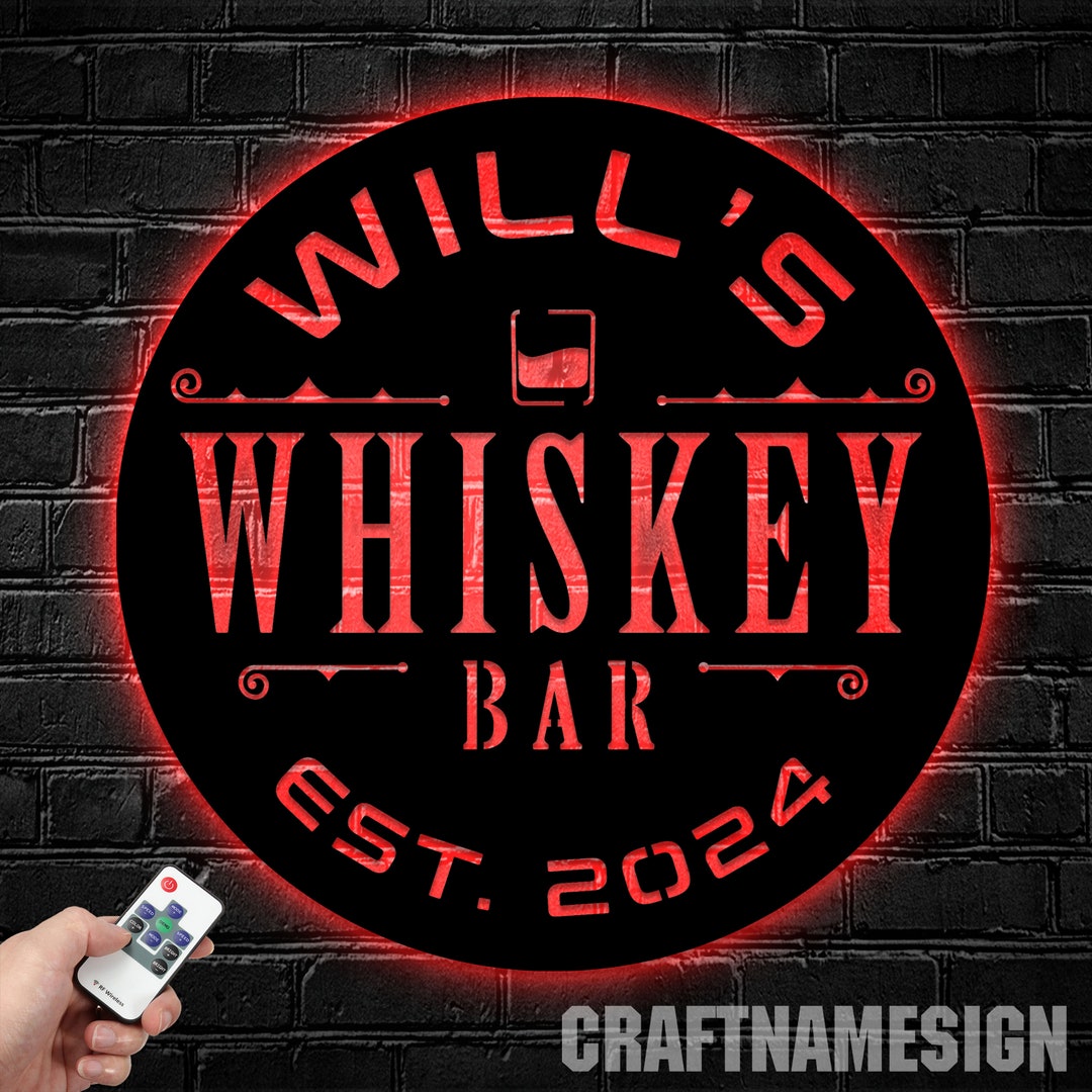Custom Whiskey Bar Metal Wall Art Light, Personalized Home Bar Name ...