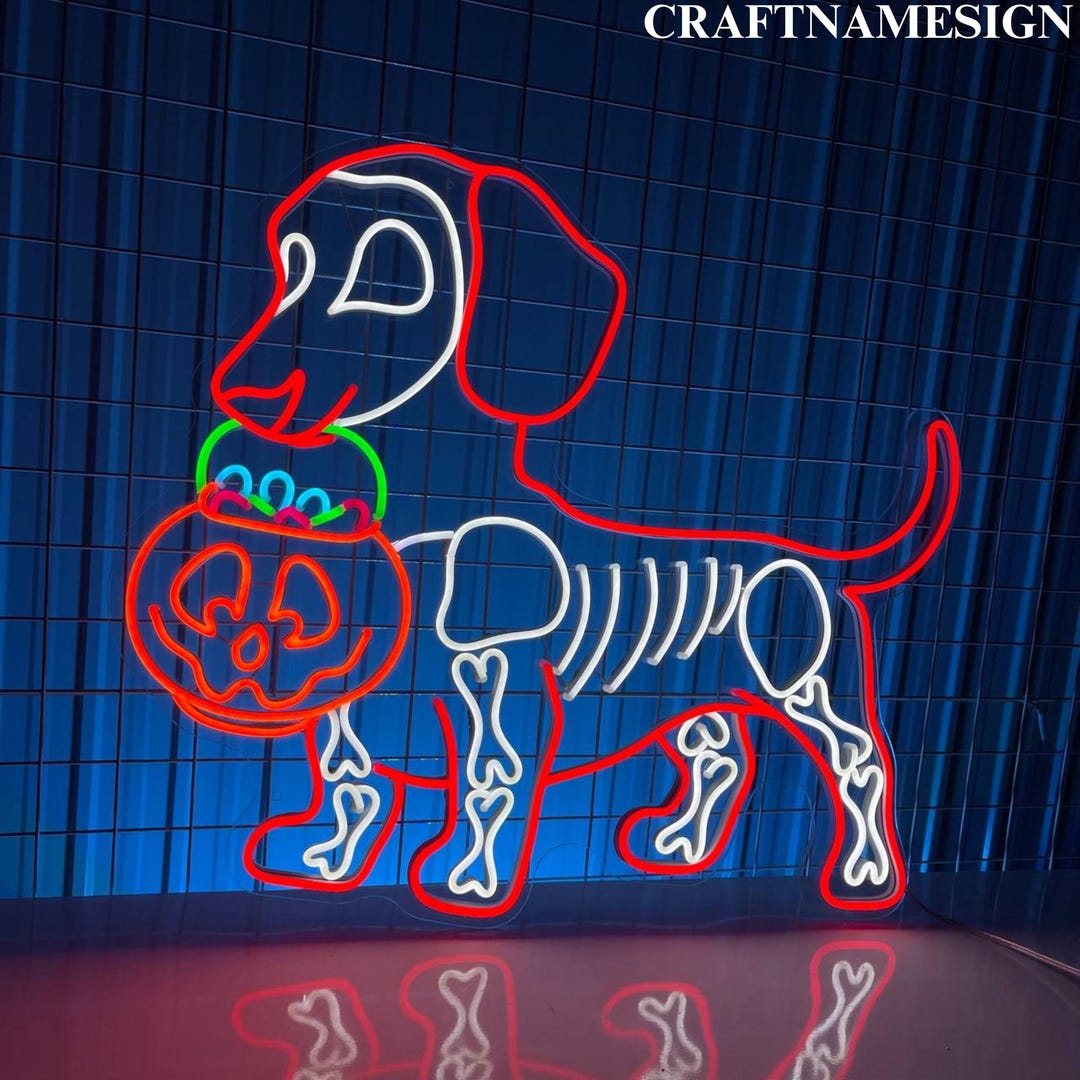 Dog Skeleton Pumpkin Neon Sign, Dog Skeleton Led Sign, Custom Neon Sign ...